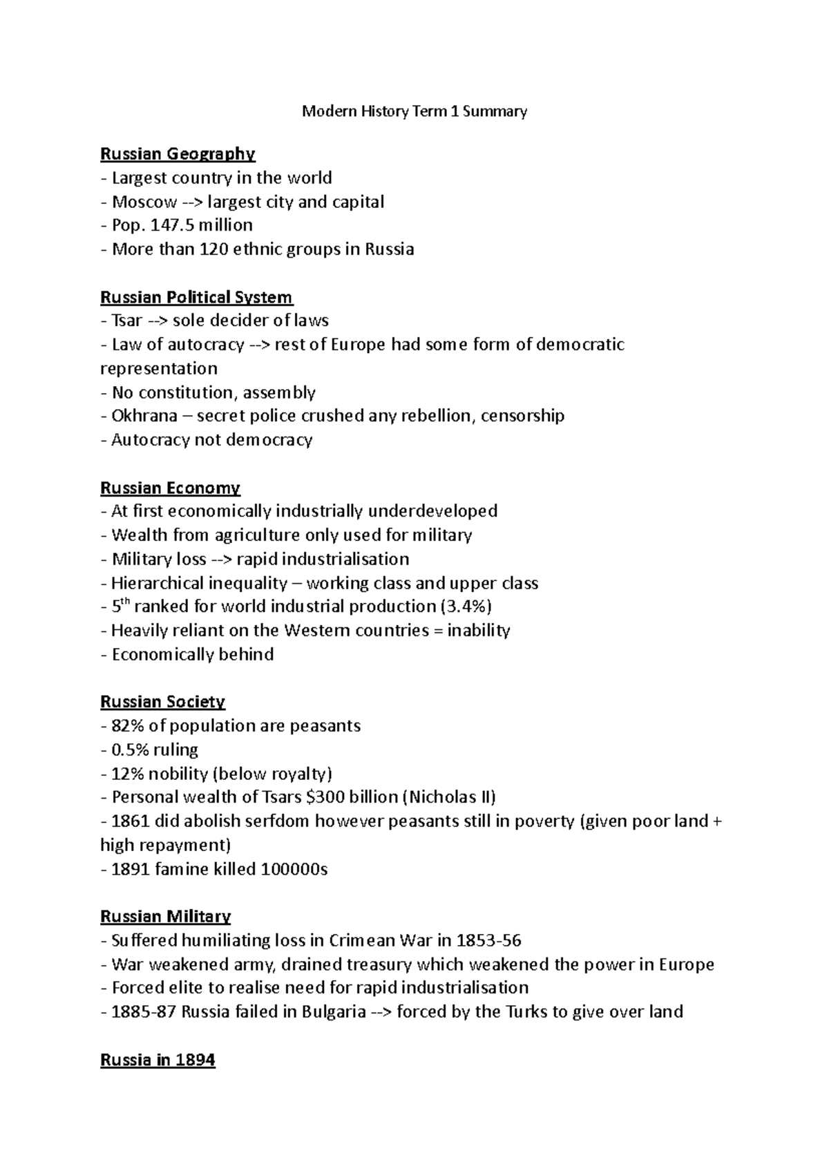 Modern History Term 1 Summary - Modern History Term 1 Summary Russian ...
