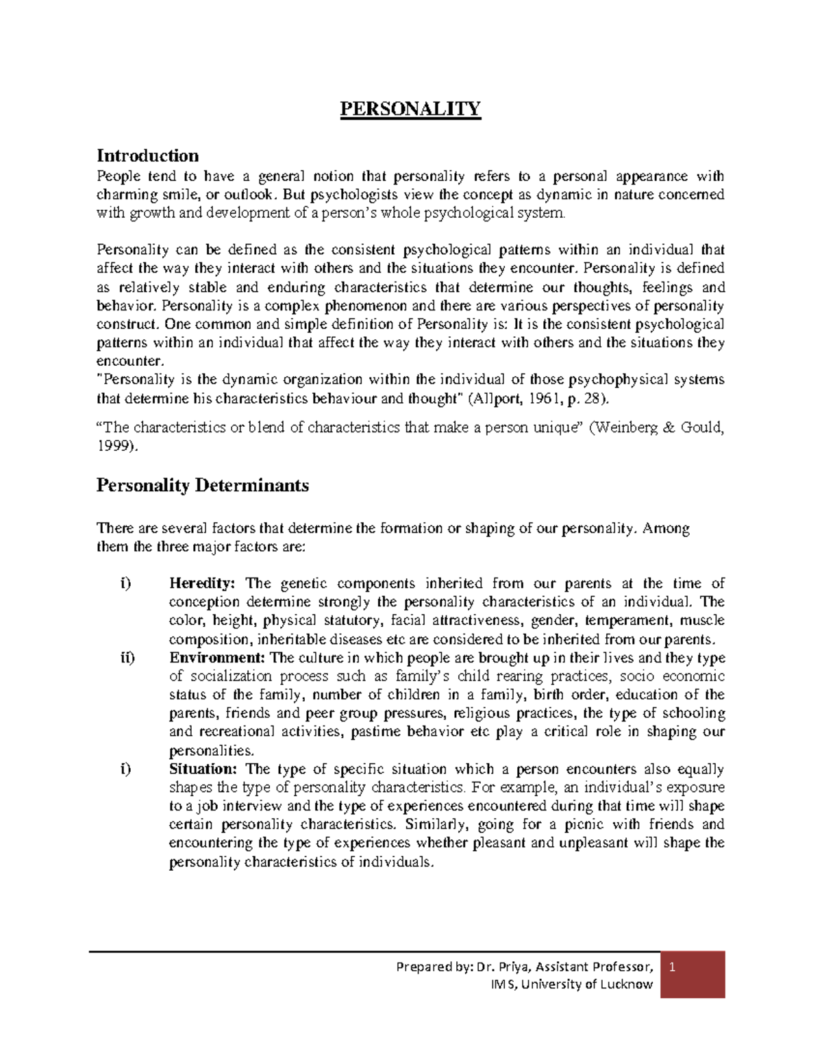 OB personality - Prepared by: Dr. Priya, Assistant Professor, 1 ...