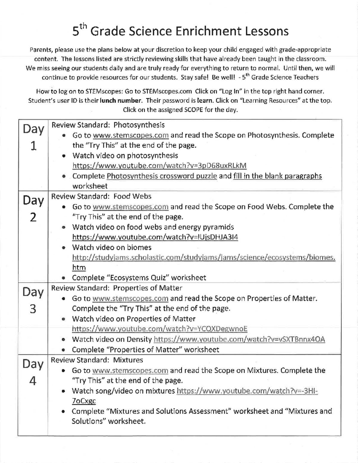 5th Grade Science Packet - 5th Grade Science Enrichment Lessons Parents ...