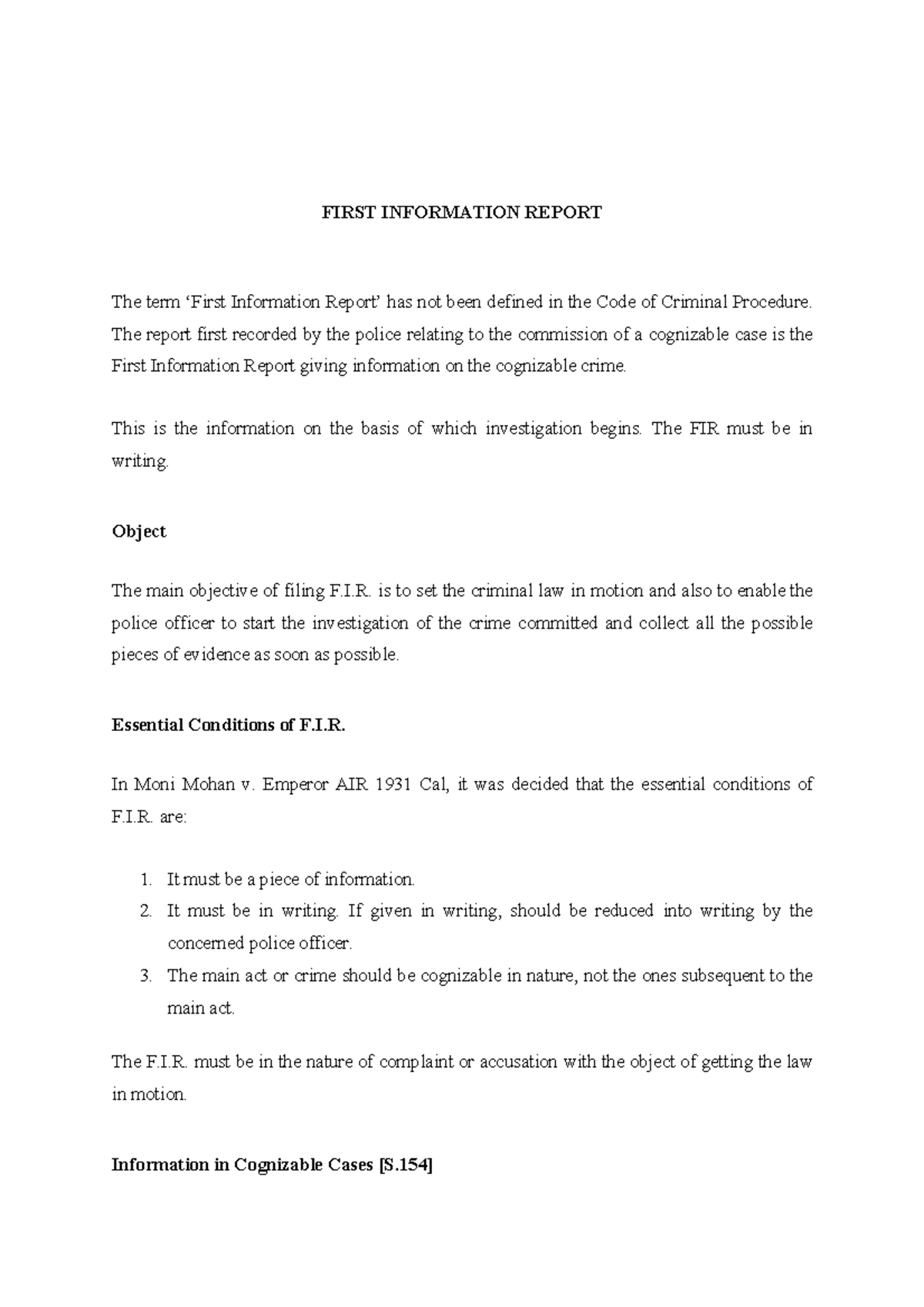 FIRST INFORMATION REPORT - The report first recorded by the police ...