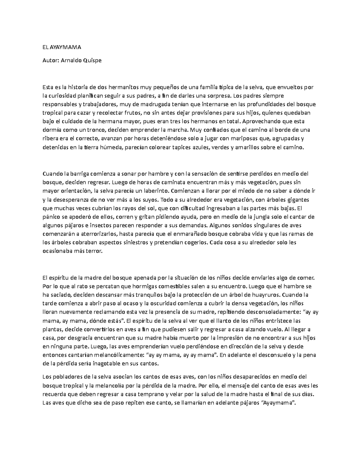 EL Ayaymama - RESUMEN - EL AYAYMAMA Autor: Arnaldo Quispe Esta es la ...
