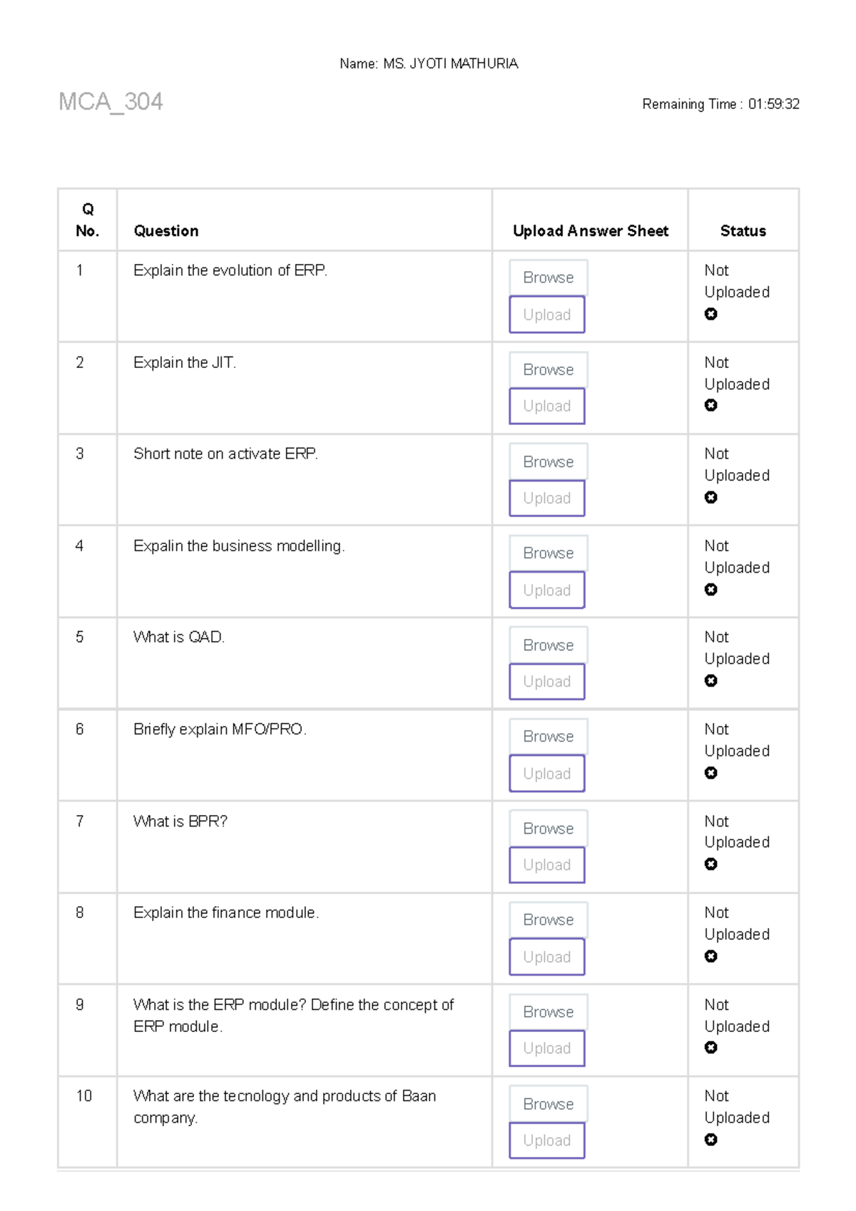 MCA 304 - sdf - Name: MS. JYOTI MATHURIA MCA_304 Remaining Time : 01:59 ...
