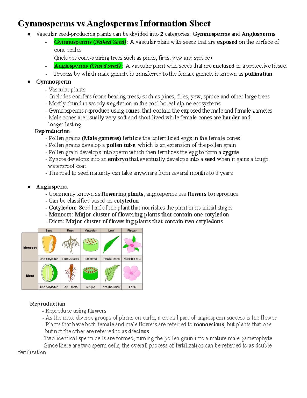 Info Sheet - Gymnosperms vs Angiosperms - Gymnosperms vs Angiosperms ...
