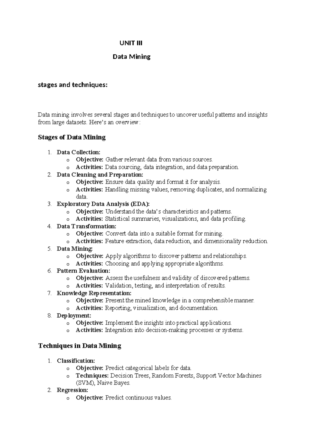UNIT III - Advanced Databases and Miningvvvvvvvvvvvvvv - UNIT III Data Mining stages and ...