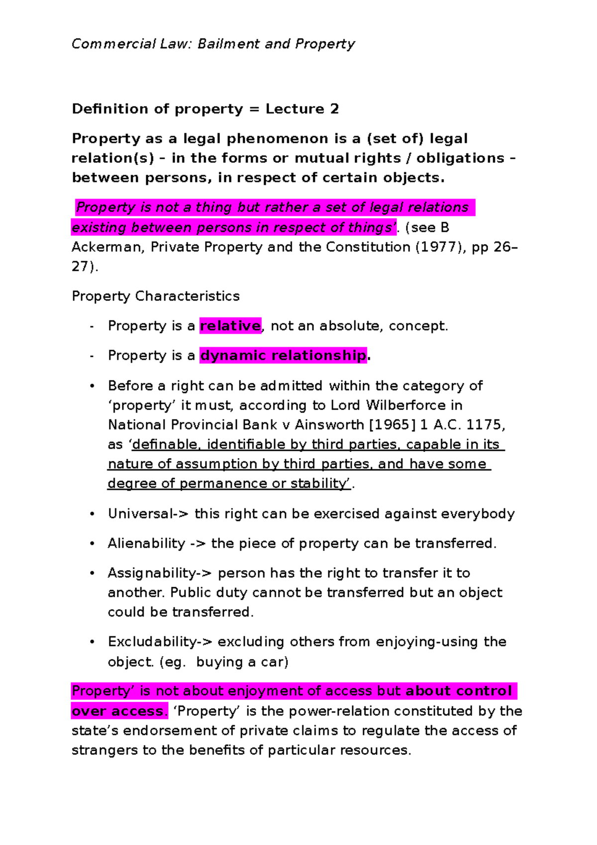 Lecture 3 - Bailment commercial law - Definition of property = Lecture ...