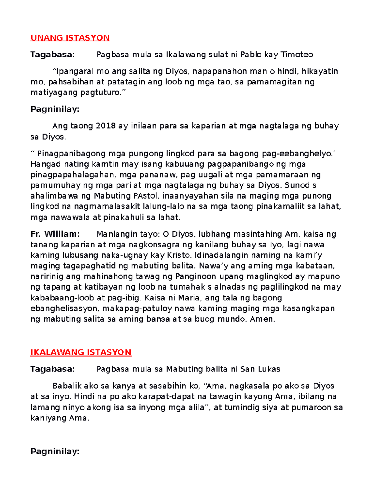 Istasyon - GUIDE - UNANG ISTASYON Tagabasa: Pagbasa mula sa Ikalawang ...