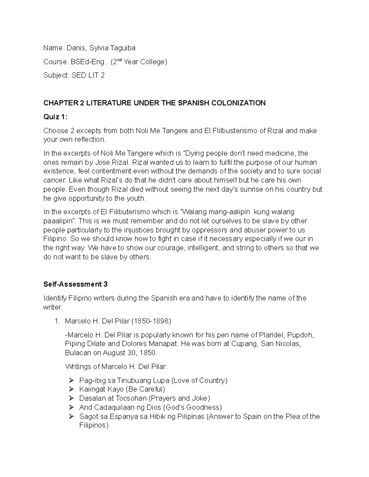 SED LIT 2 Activities for Chapter 2 - Name: Danis, Sylvia Taguiba Course ...