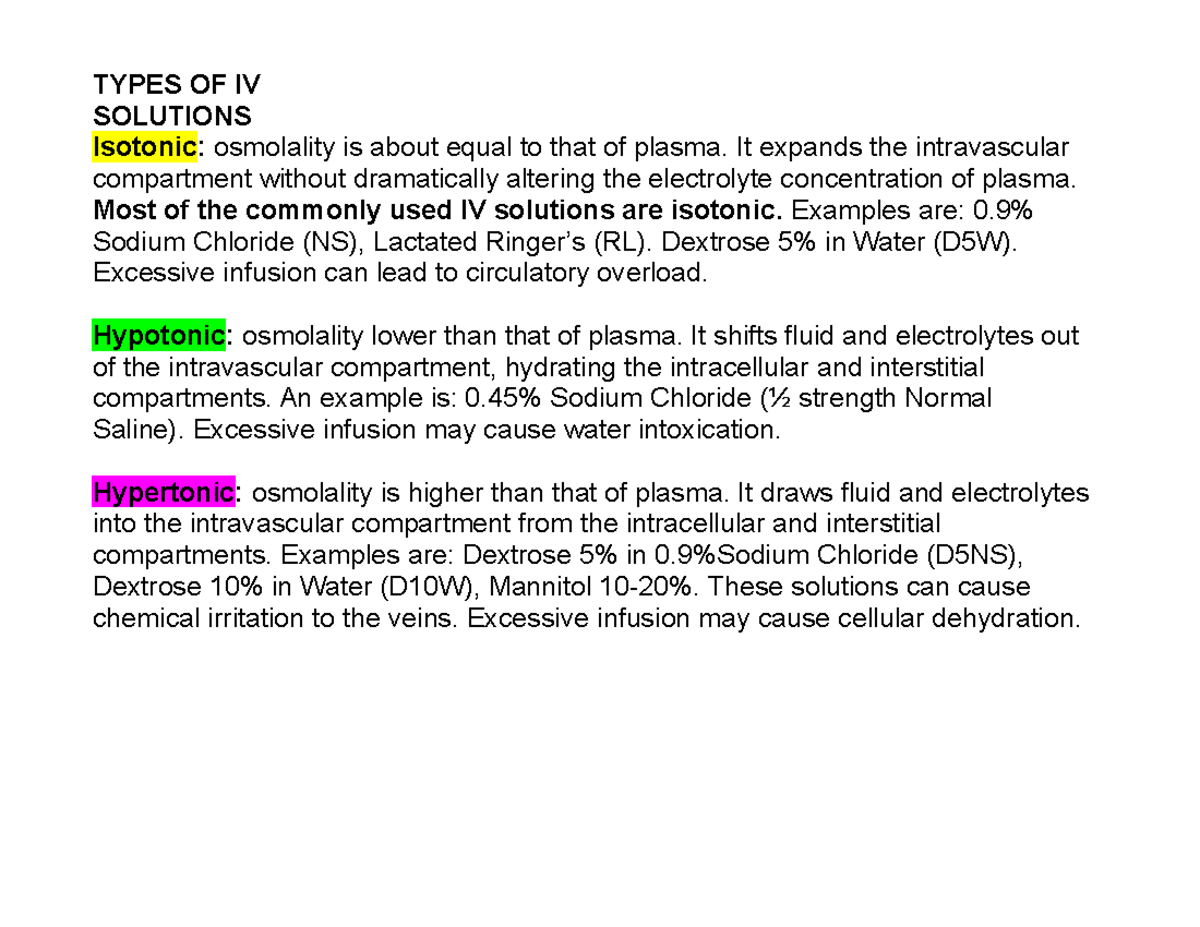 IV fluids chart - Helpful study guide to prepare for Test 1 for NUR301 ...