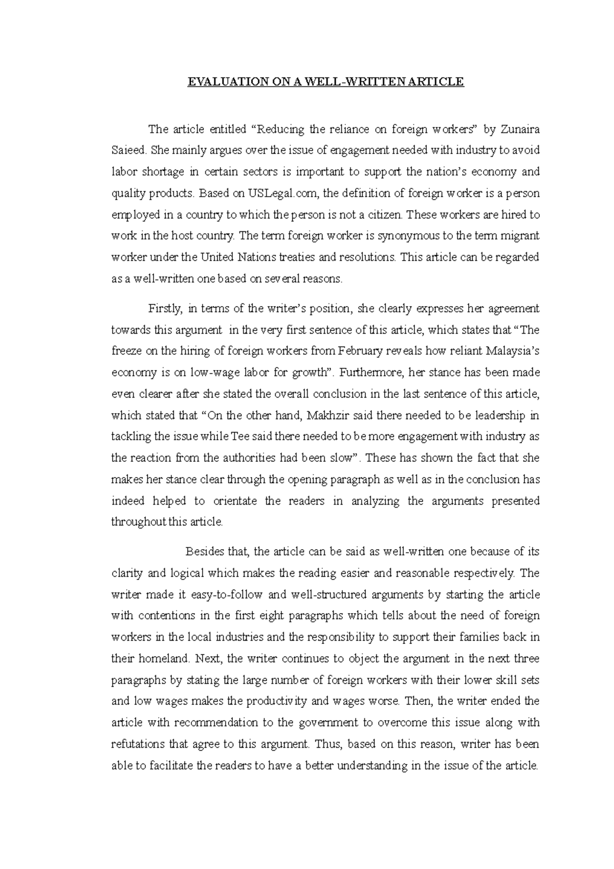 Well written Article Analysis EVALUATION ON A WELL WRITTEN ARTICLE