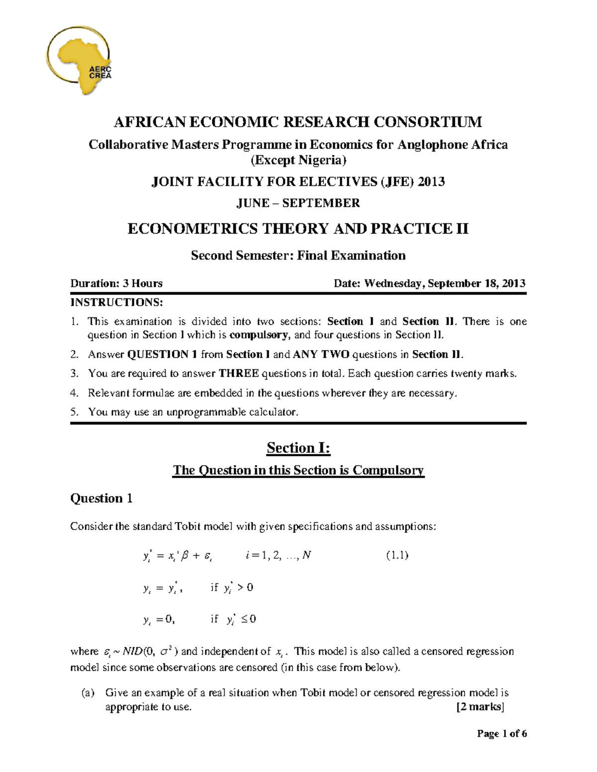 Econometrics Theory & Practice II (2013 ) - AFRICAN ECONOMIC RESEARCH CONSORTIUM Collaborative ...