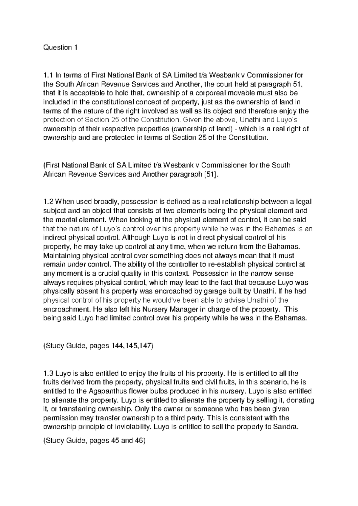 2024 MAY EXAM Answer Script - Question 1 1 In terms of First National ...