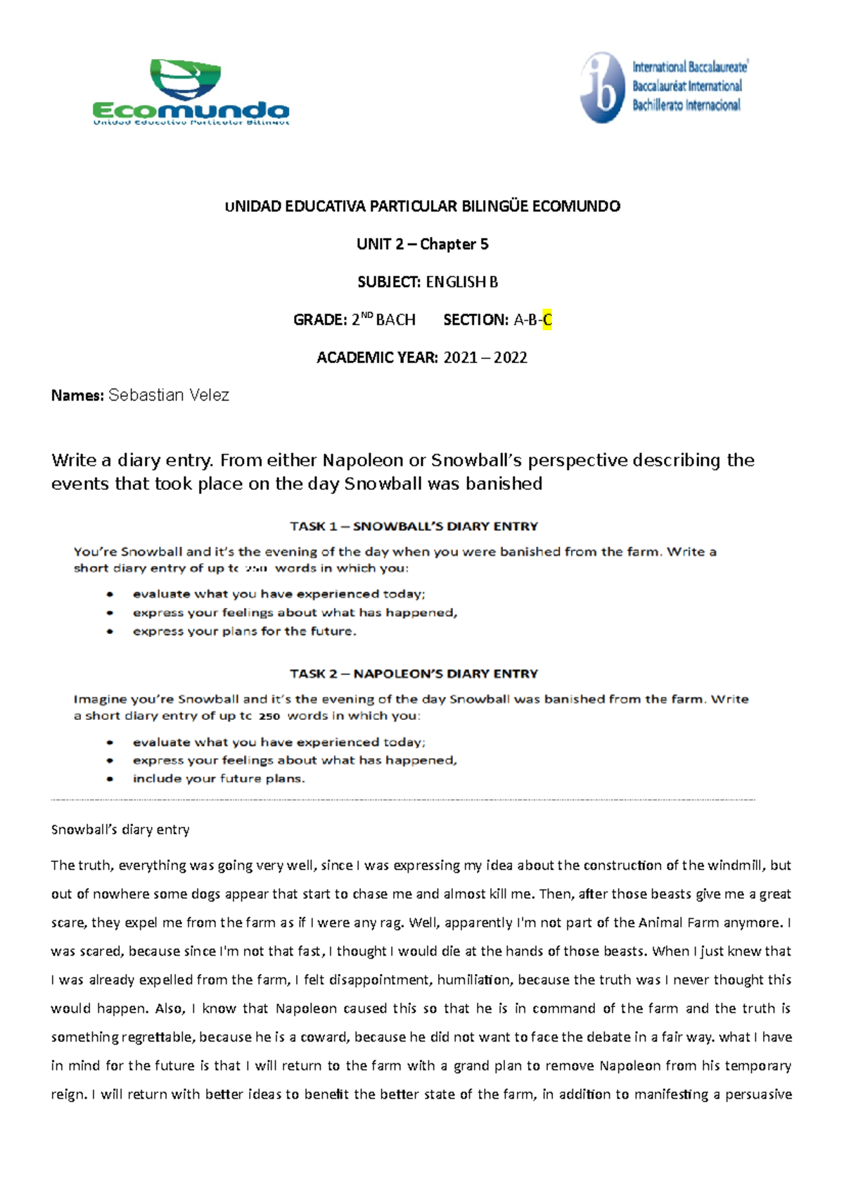 Week 2 Animal Farm Chapter 5 - Diary Entry - UNIDAD EDUCATIVA ...