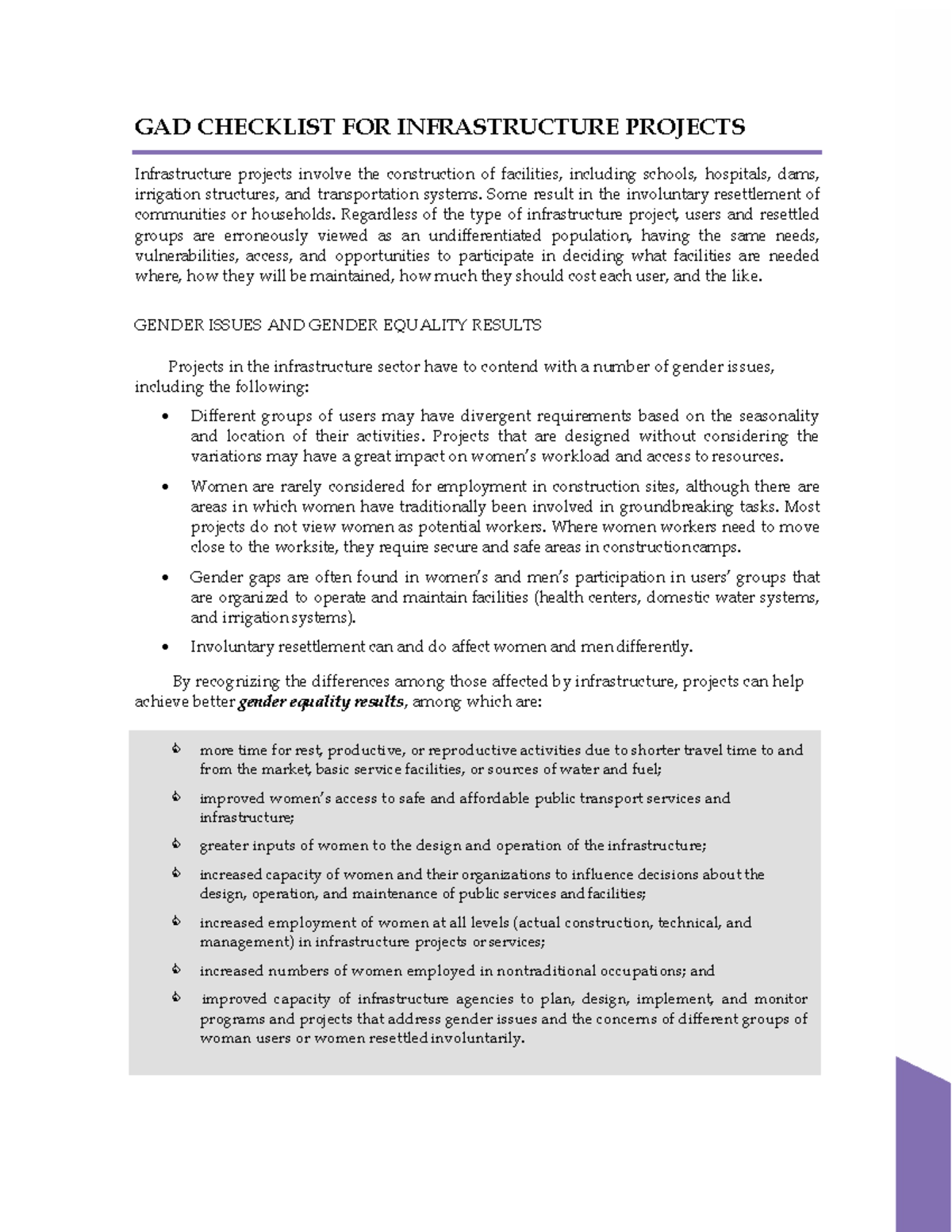 GAD Checklist for Infrastructure - GAD CHECKLIST FOR INFRASTRUCTURE ...