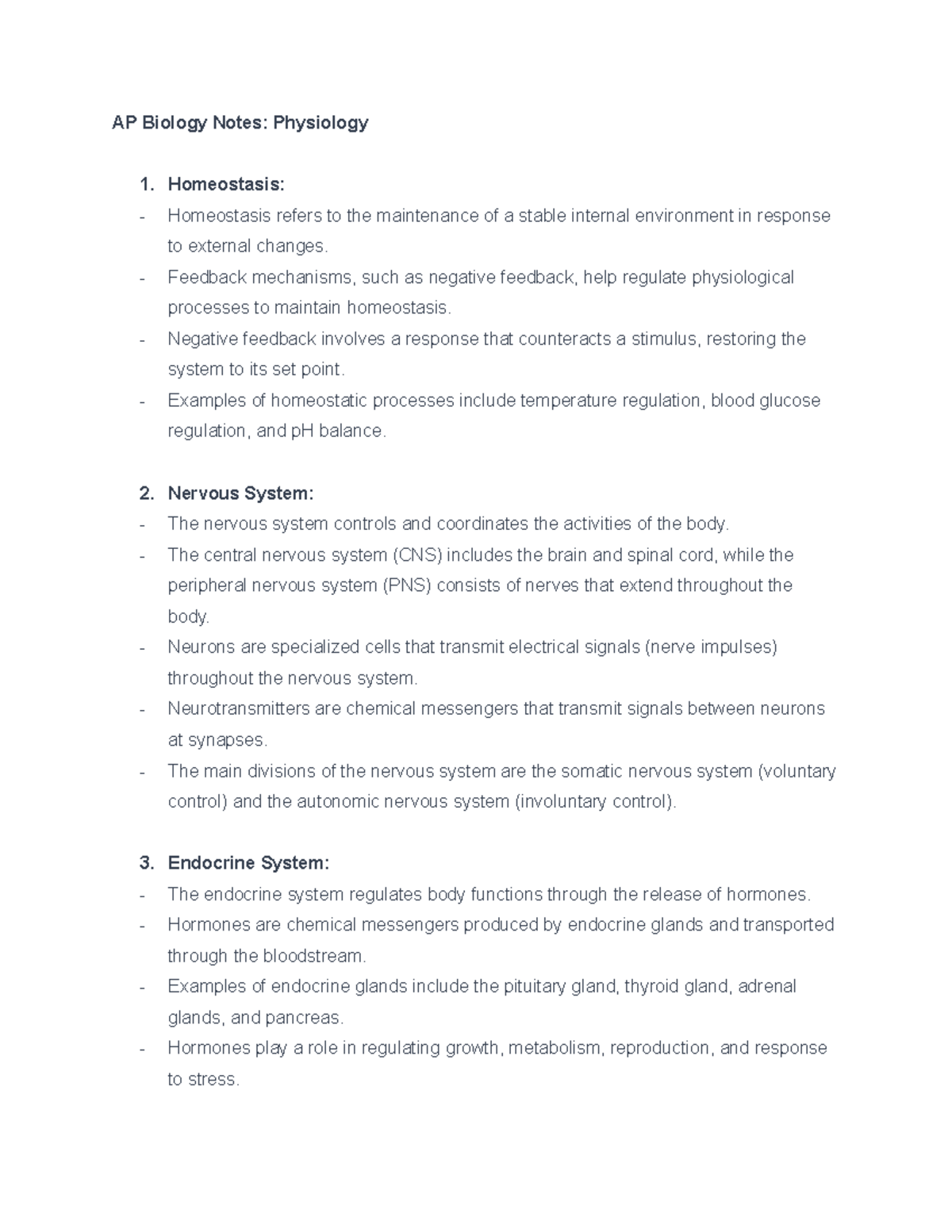 AP Biology Notes Physiology - AP Biology Notes: Physiology Homeostasis ...