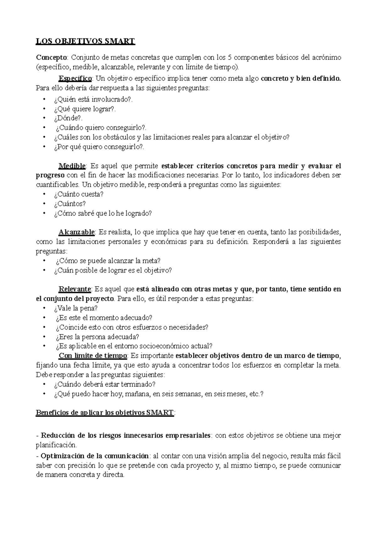 Objetivos Smart - LOS OBJETIVOS SMART Concepto: Conjunto de metas ...