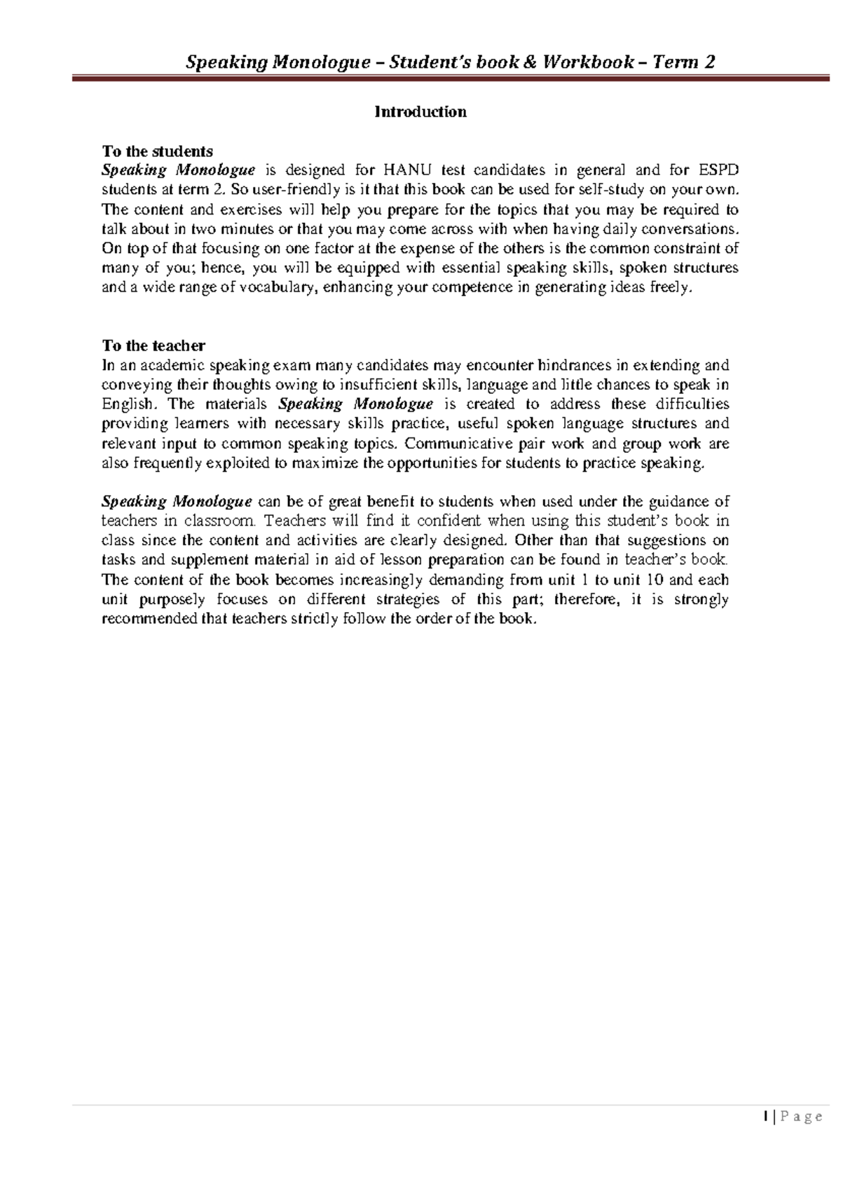 2.1.Speaking Monologue Term 2 Student s book and Workbook 2021 - Introduction To the students ...