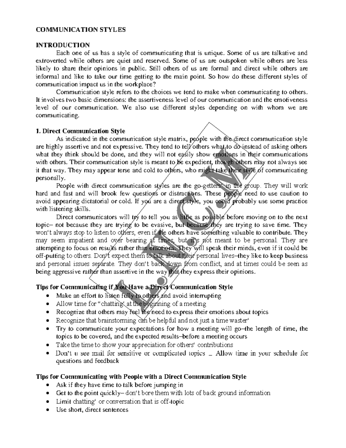 Communication Skills - 1 - COMMUNICATION STYLES INTRODUCTION Each one ...