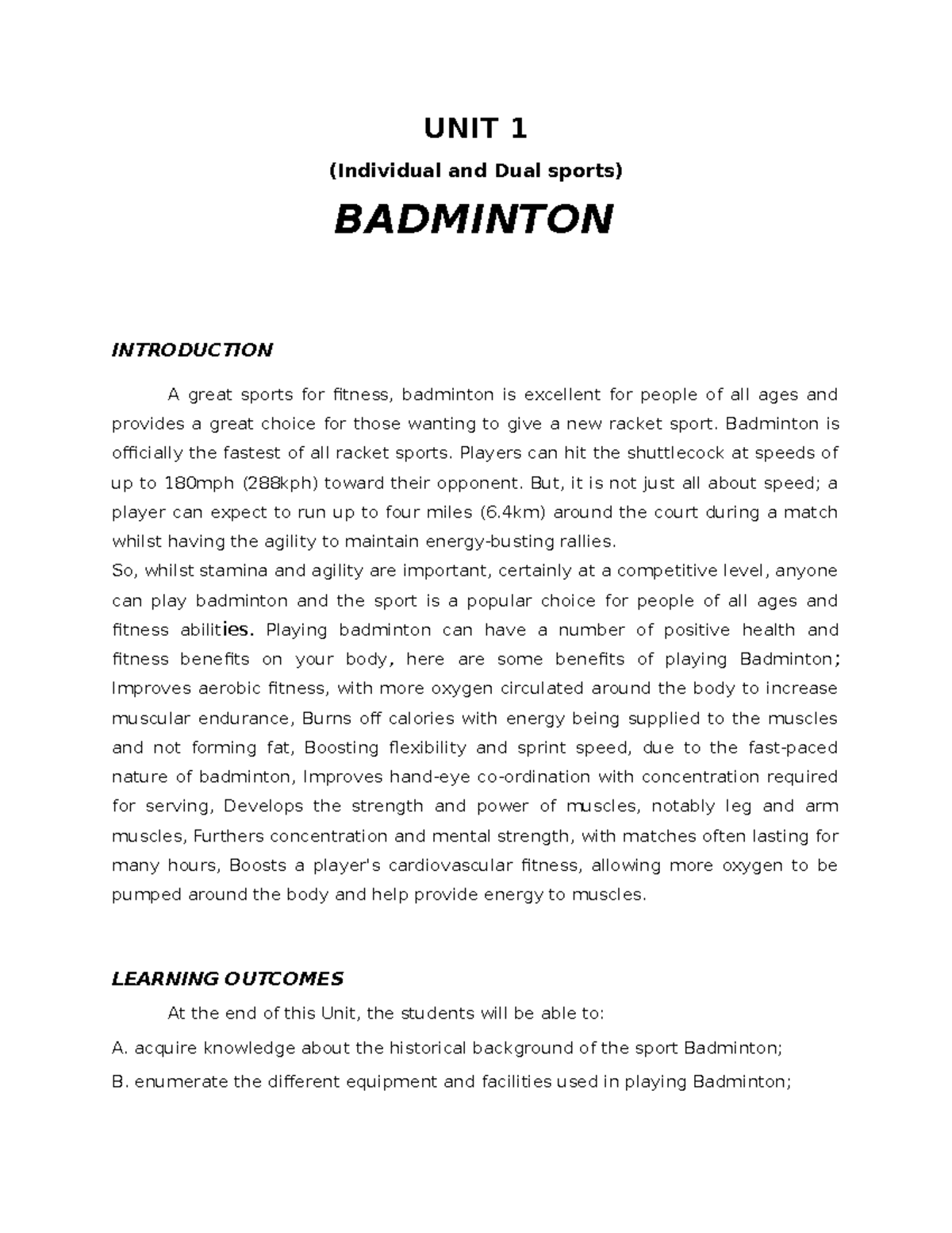 Lesson 1 - more information about the topic badminton. - UNIT 1 ...