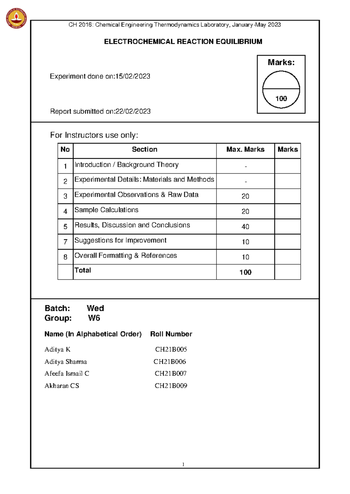 Ecr w6 report - nice notes - ELECTROCHEMICAL REACTION EQUILIBRIUM ...