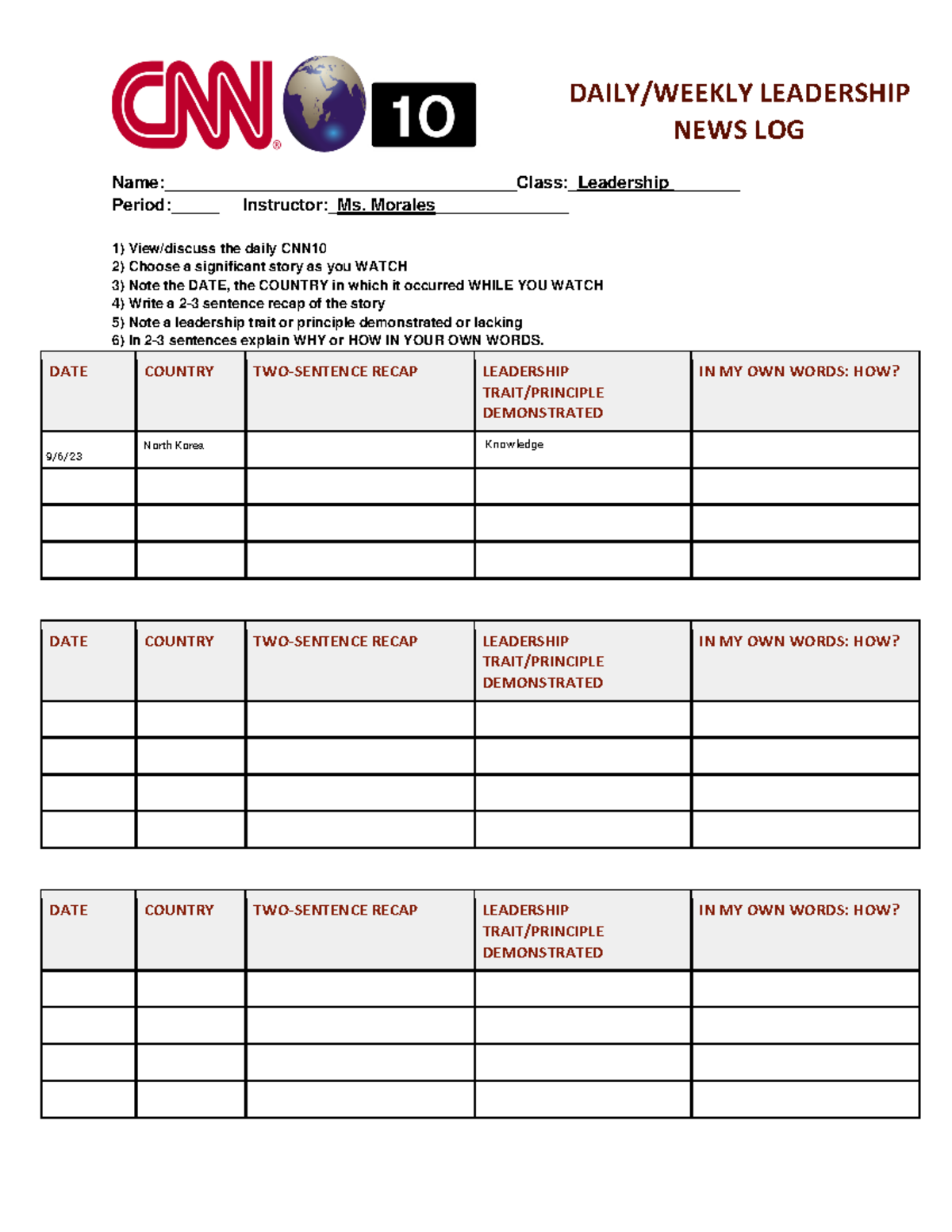 CNN10 Response Template - NEWS LOG Name:____________________Class ...