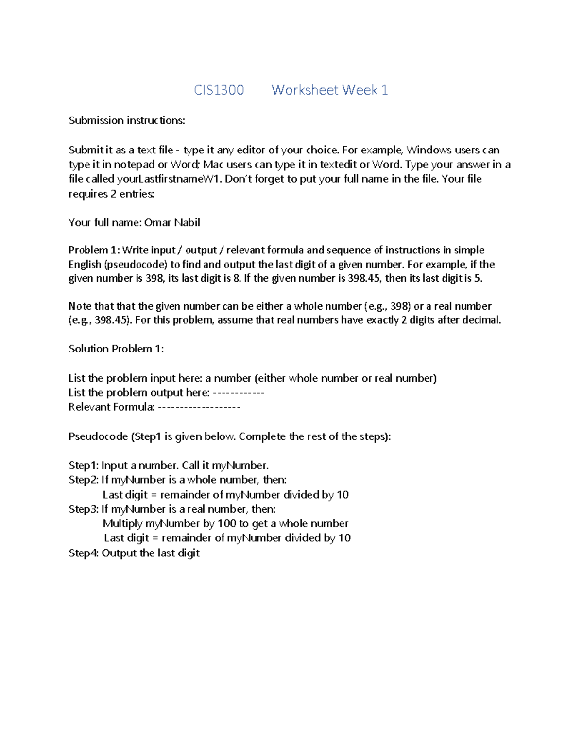 Nabil Omar W 1 - Worksheet 1 - CIS1300 Worksheet Week 1 Submission ...