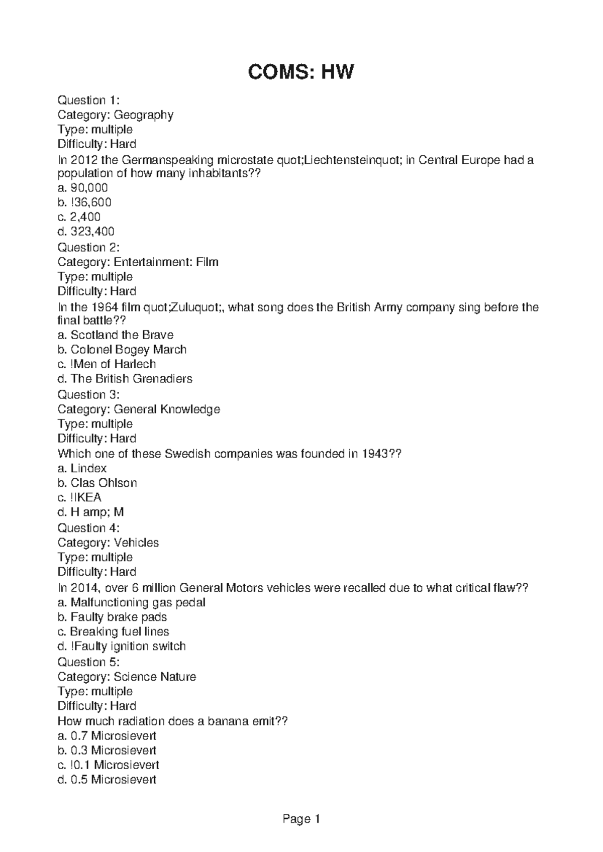 COMS211 Homework Help 5 - COMS: HW Question 1: Category: Geography Type ...