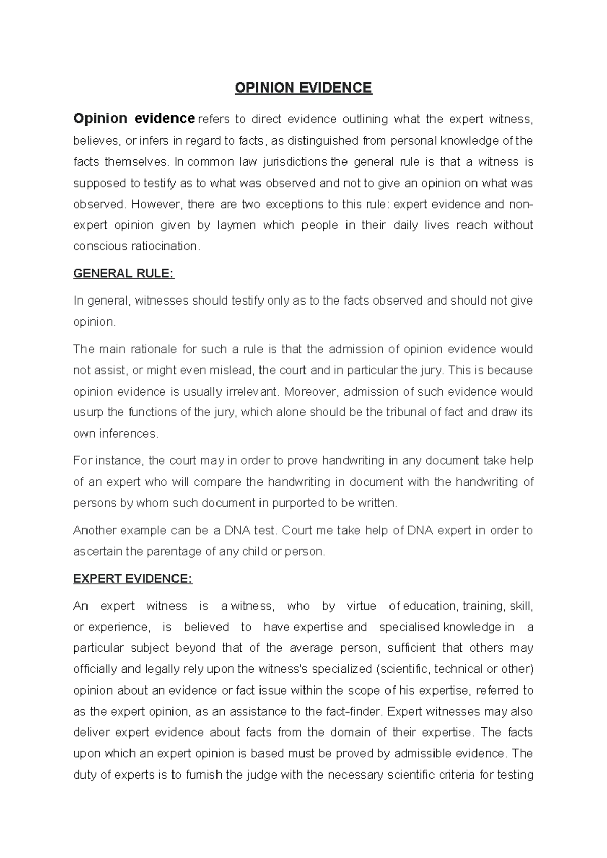 Opinion Evidence - OPINION EVIDENCE Opinion evidence refers to direct ...