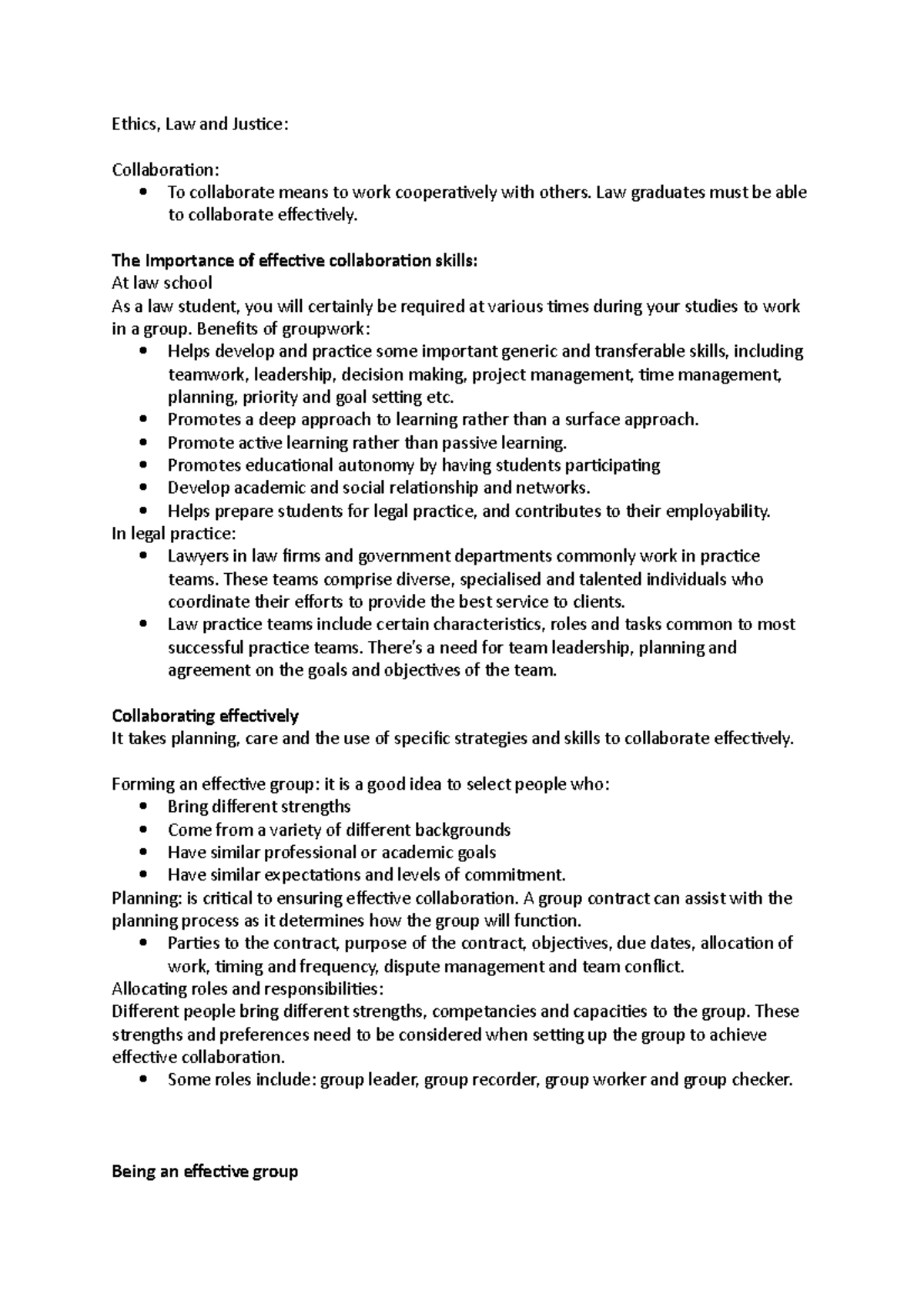 Ethics week 2 - notes - Ethics, Law and Justice: Collaboration: To ...