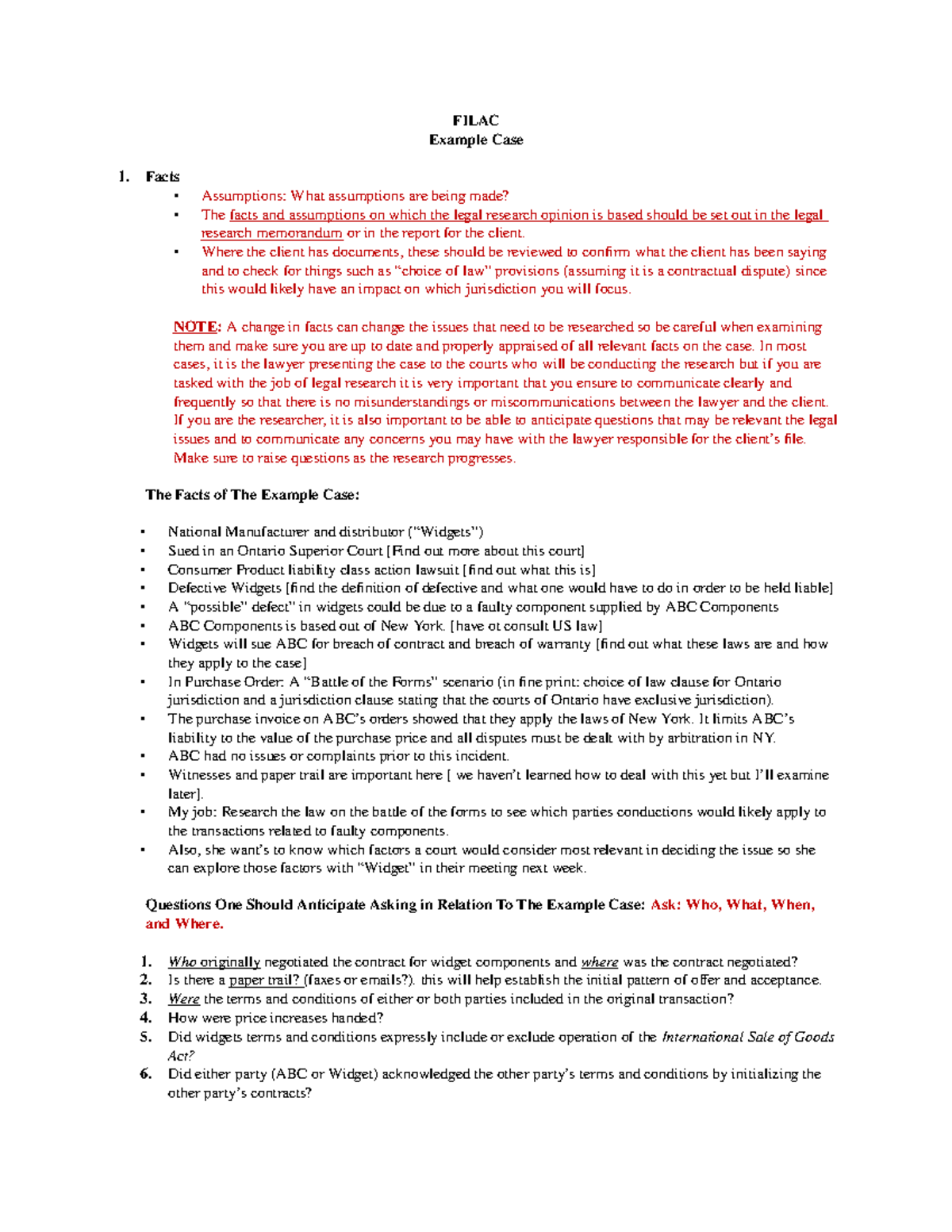 FILAC Sample Questions - FILAC Example Case 1. Facts - Assumptions ...