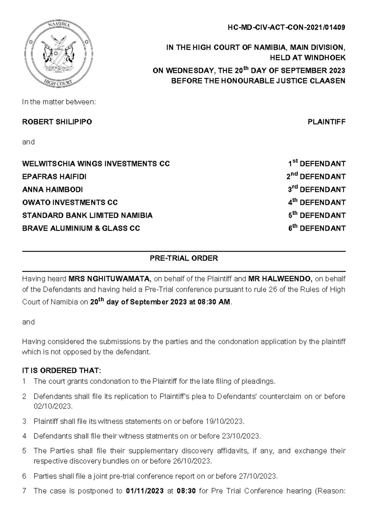 Pre Trial Order(Action - Contract (High Court - MD)) (approved with ...