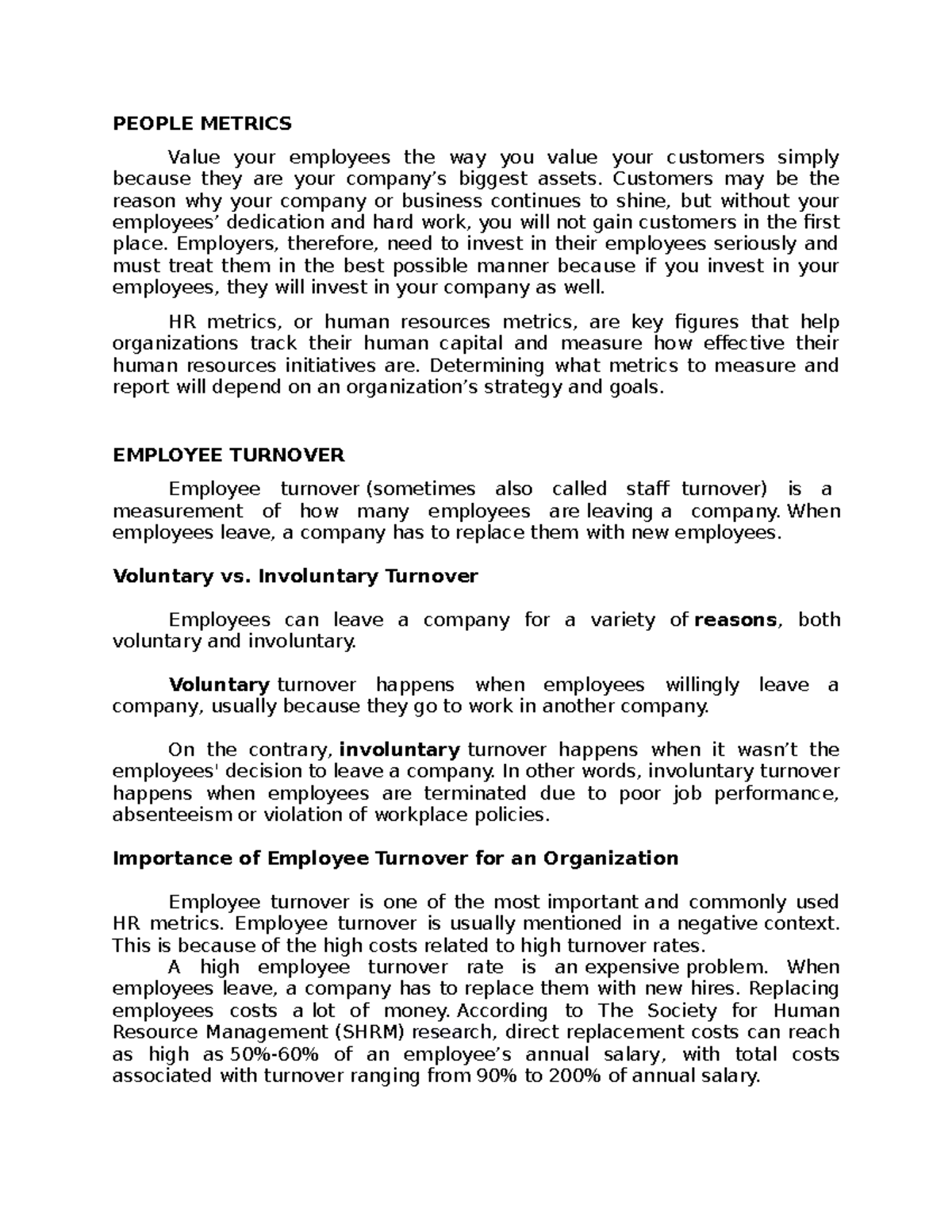 People Metrics - Written Report - PEOPLE METRICS Value your employees ...