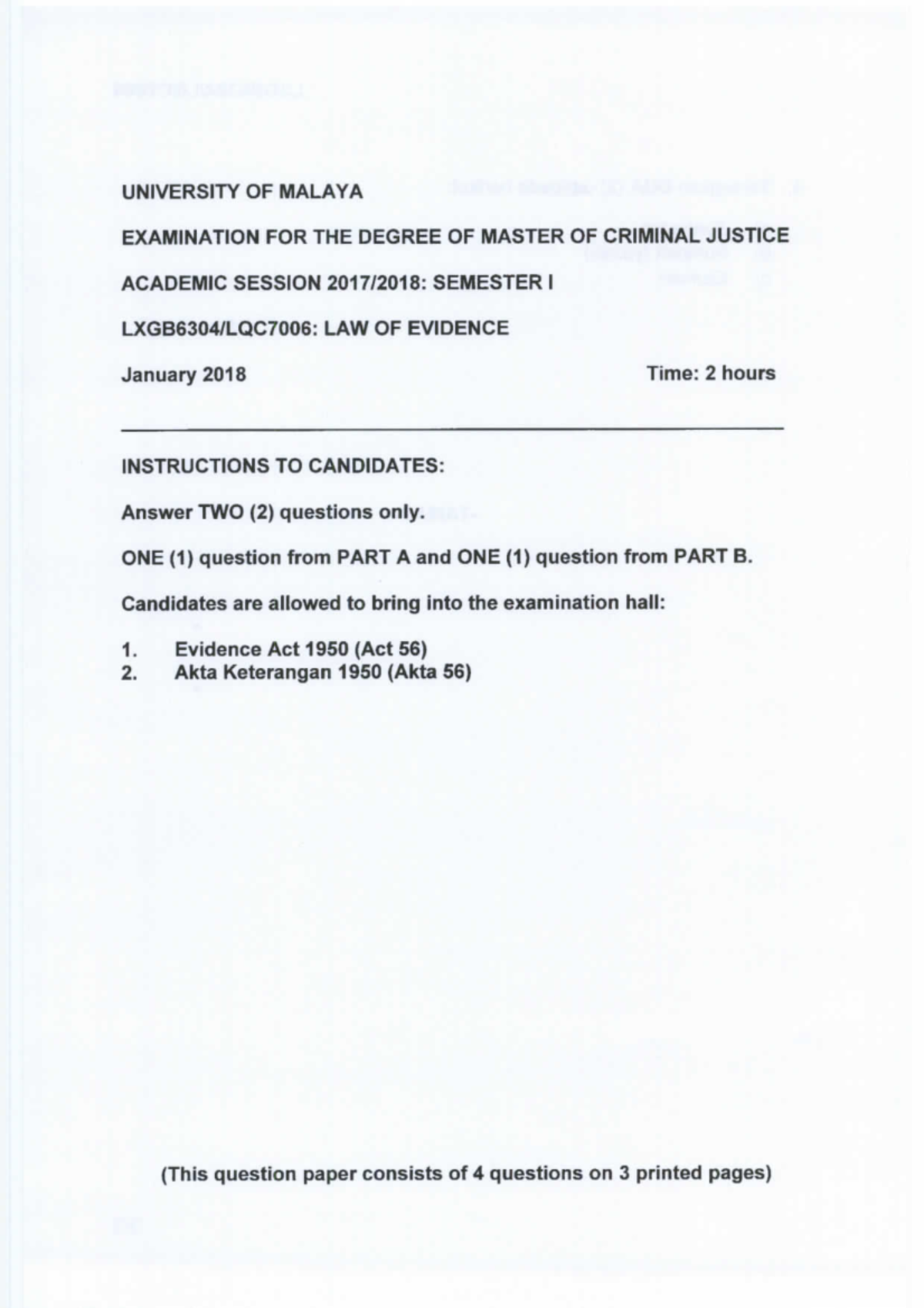 Past Exam Paper 2018 Semester 1 - UNIVERSITY OF MALAYA EXAMINATION FOR ...