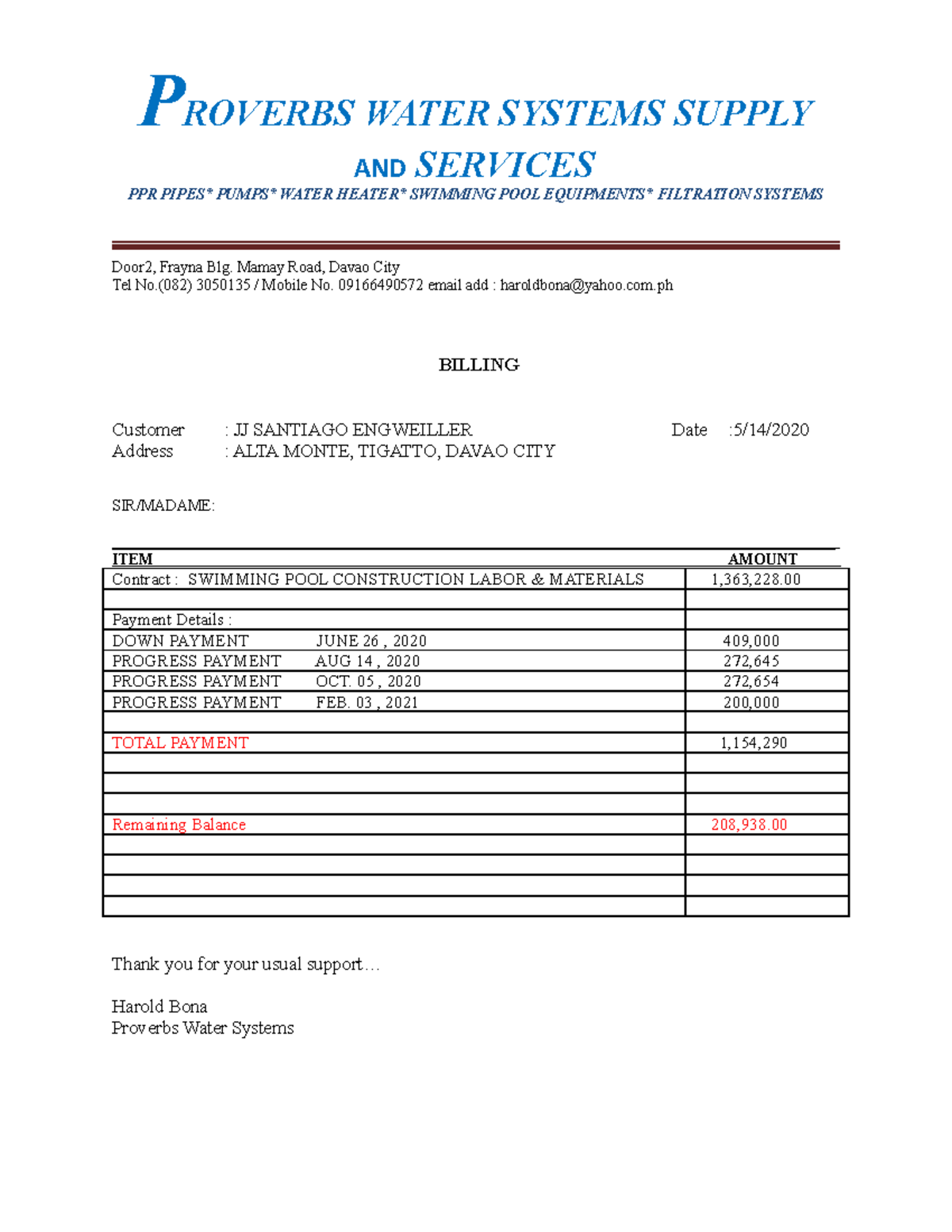 Billing - PROVERBS WATER SYSTEMS SUPPLY AND SERVICES PPR PIPES* PUMPS ...