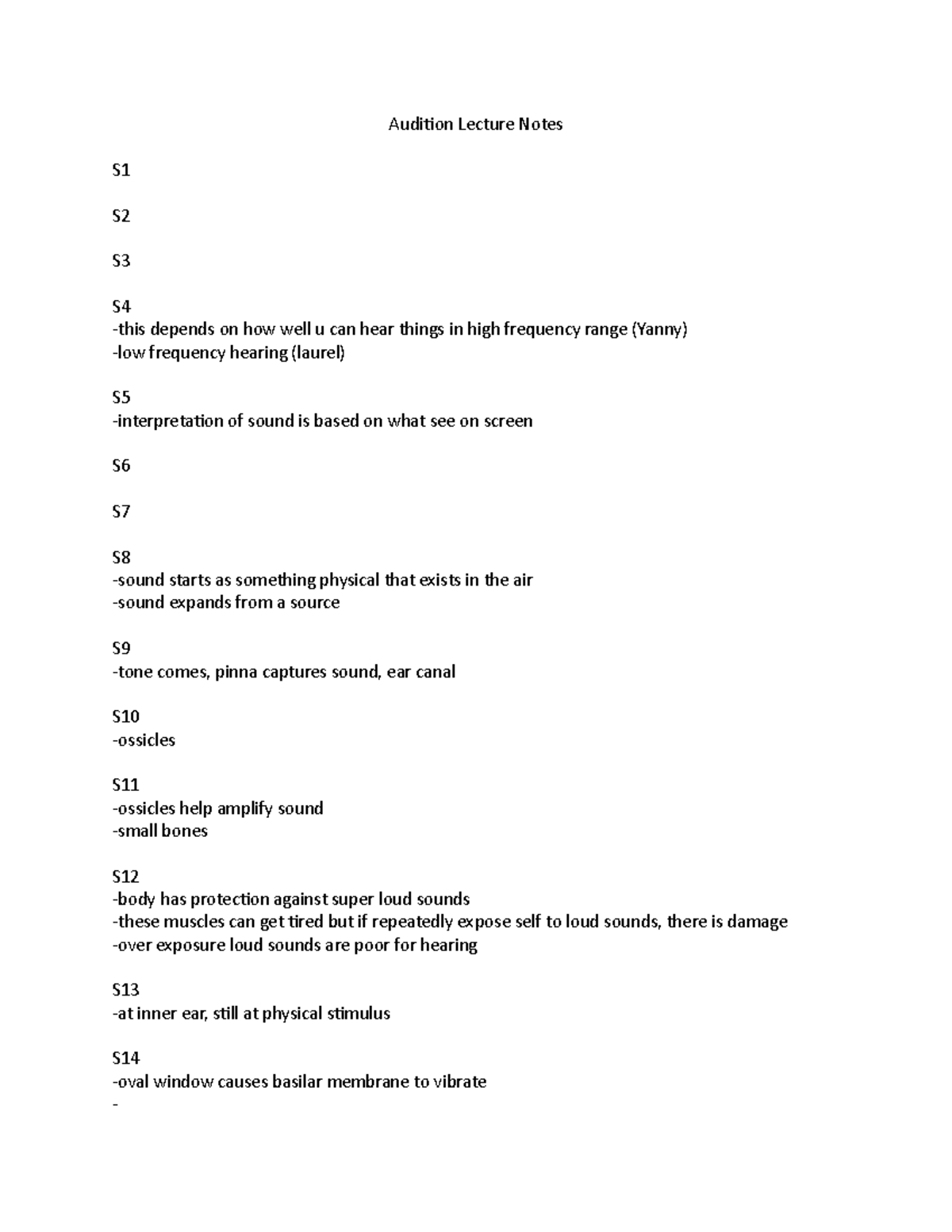 Audition Lecture notes - Audition Lecture Notes S S S S -this depends ...