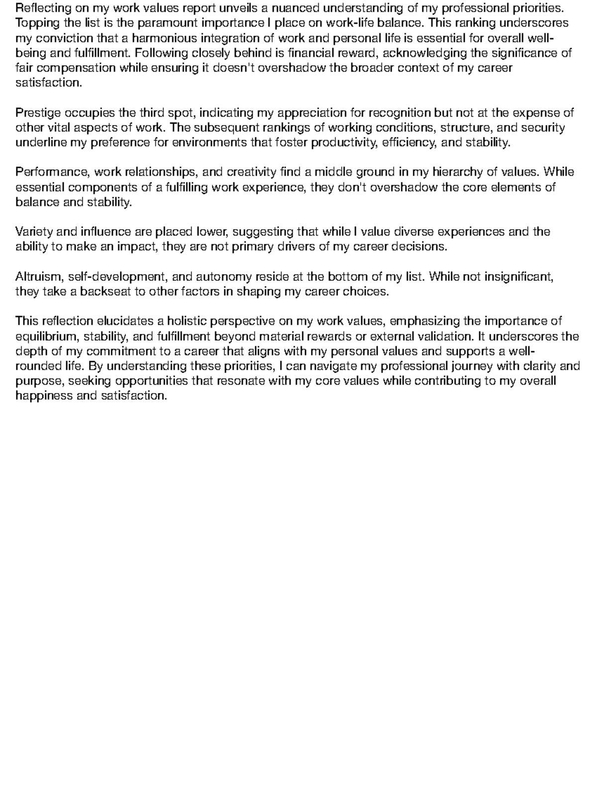 Reflection about Job HR - Reflecting on my work values report unveils a ...