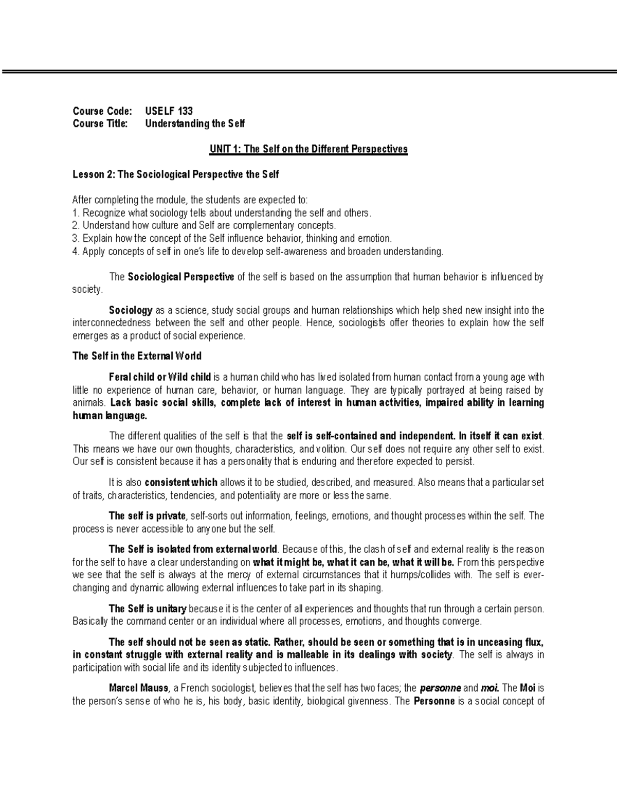 Lesson 2 - Sociological Perspective of the Self - Course Code: USELF ...
