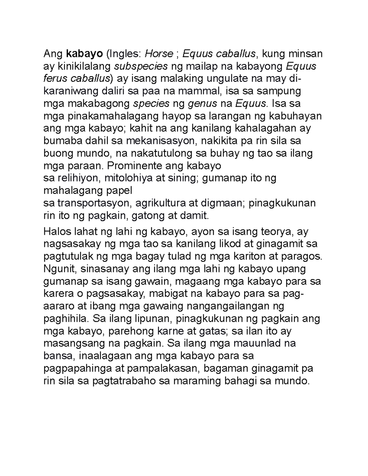 Kabayo pabula - Lecture notes 10 - Ang kabayo (Ingles: Horse ; Equus ...