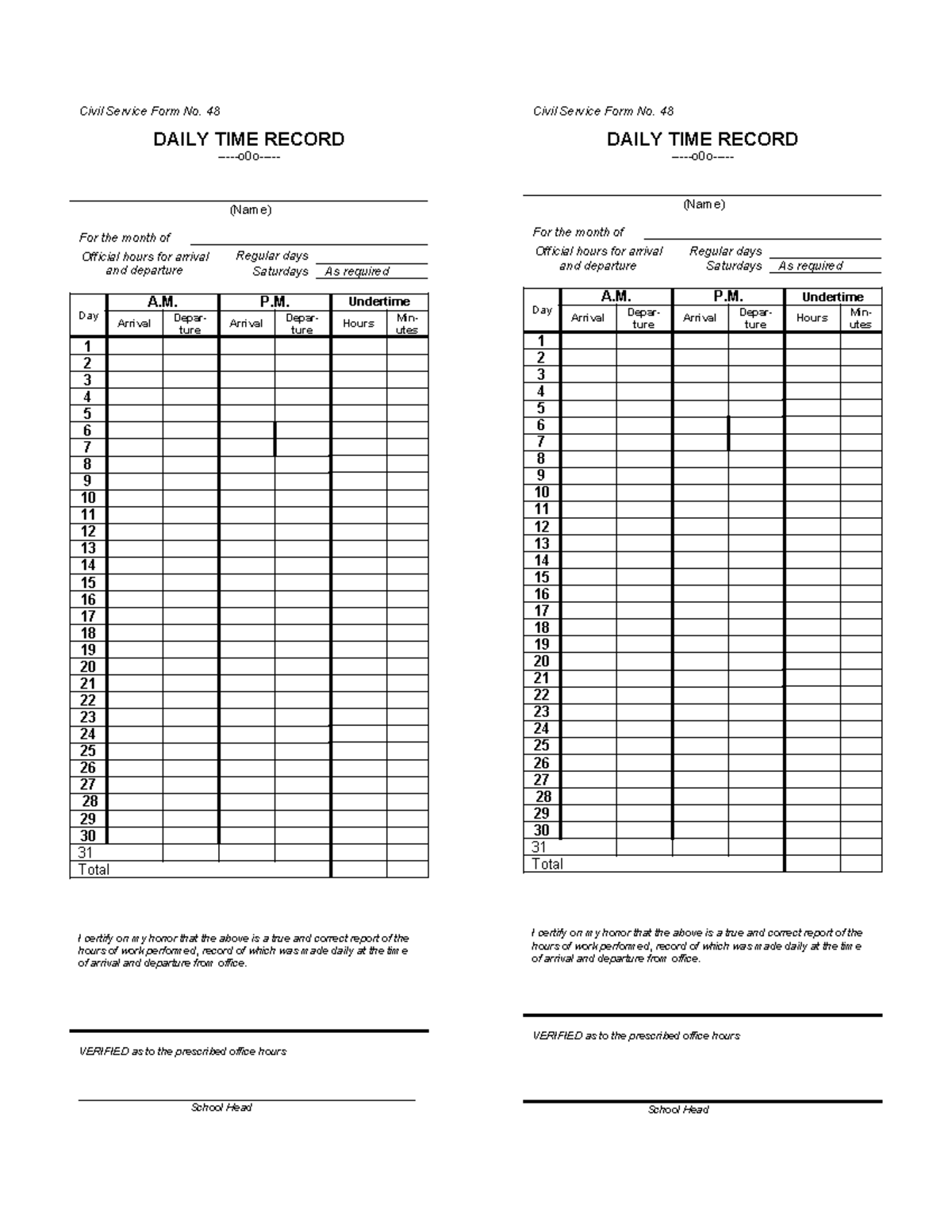 DTR-Latest-CSCForm 48 Daily Time Record-DTR-Teacher - Civil Service ...
