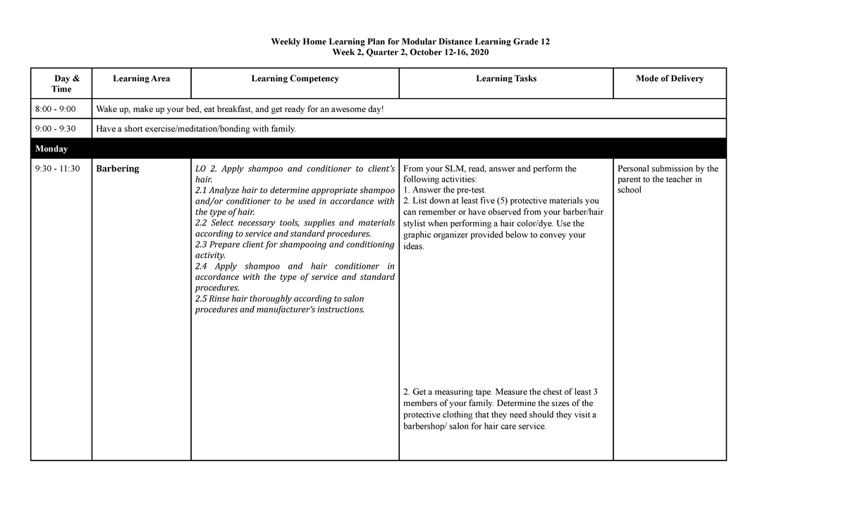 Weekly Home Learning Plan for Modular Distance Learning Grade 12 ...
