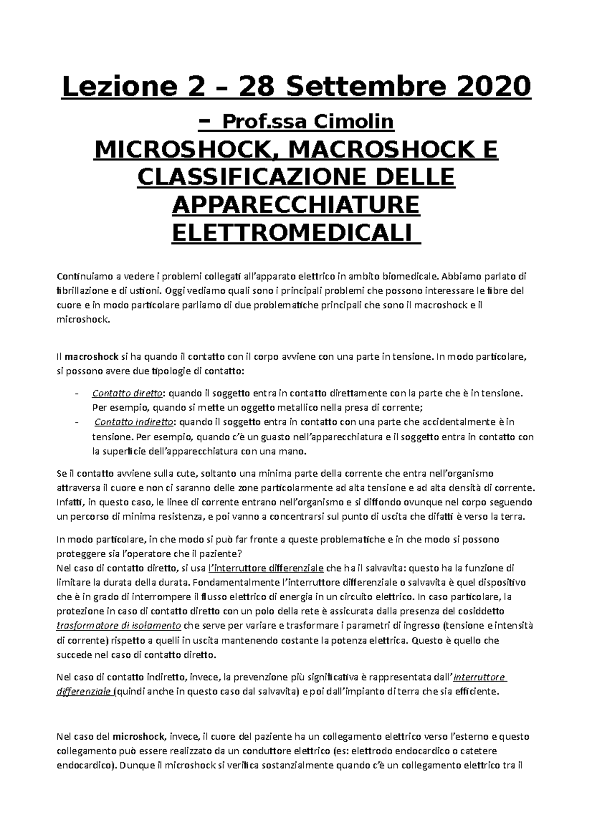 Lezione 2 28 Settembre Microshock, Macroshock e Classificazione delle ...