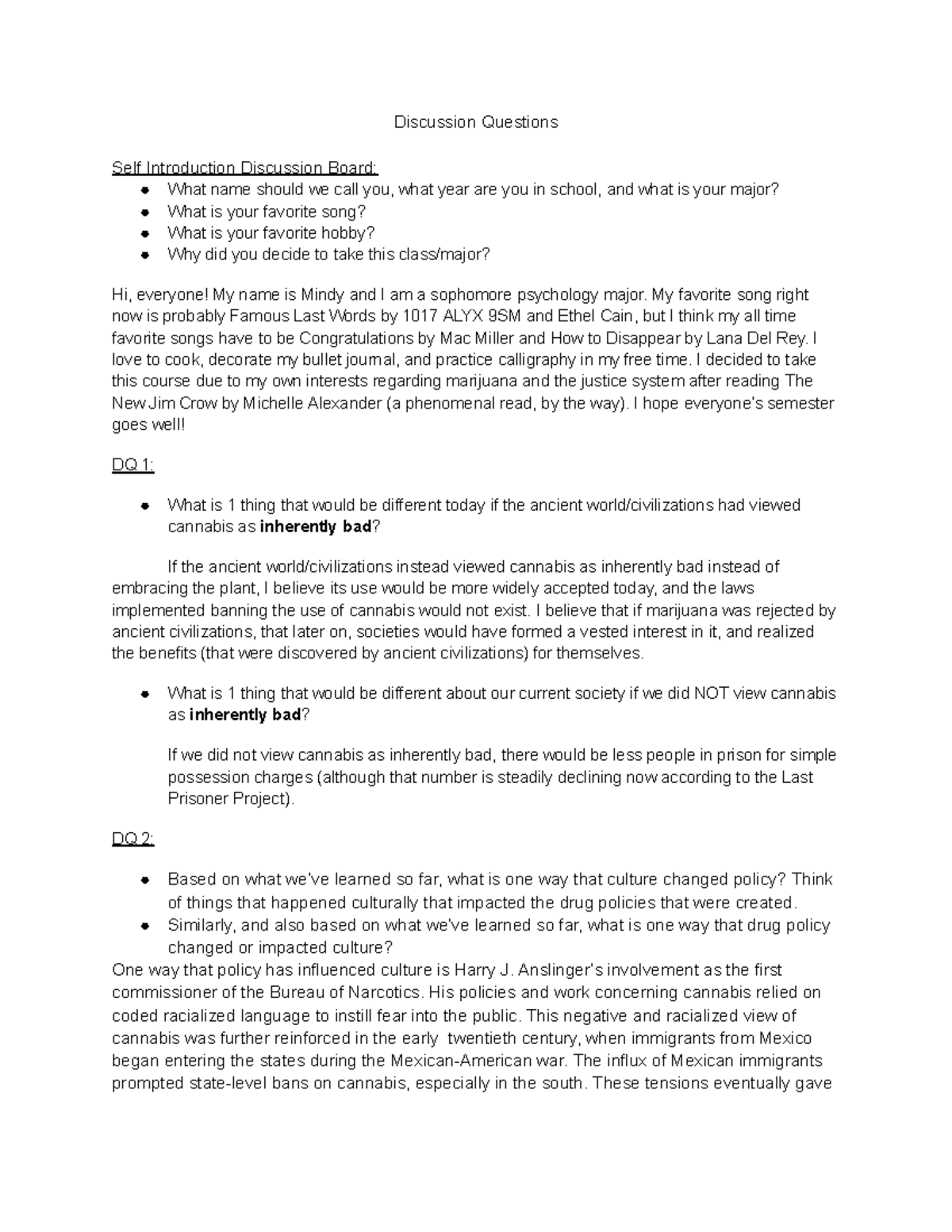 Discussion Questions (CANN 03101) - Discussion Questions Self ...