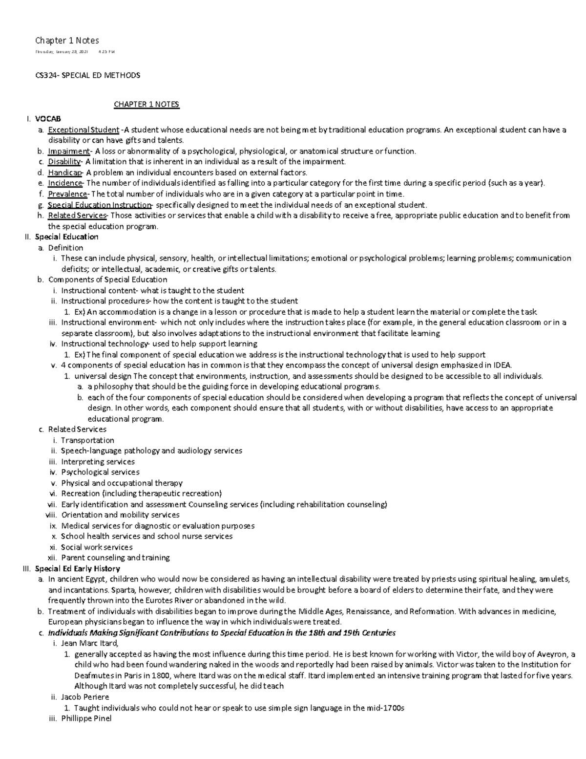 CS325 chapter 1 notes - CS324- SPECIAL ED METHODS CHAPTER 1 NOTES VOCAB ...