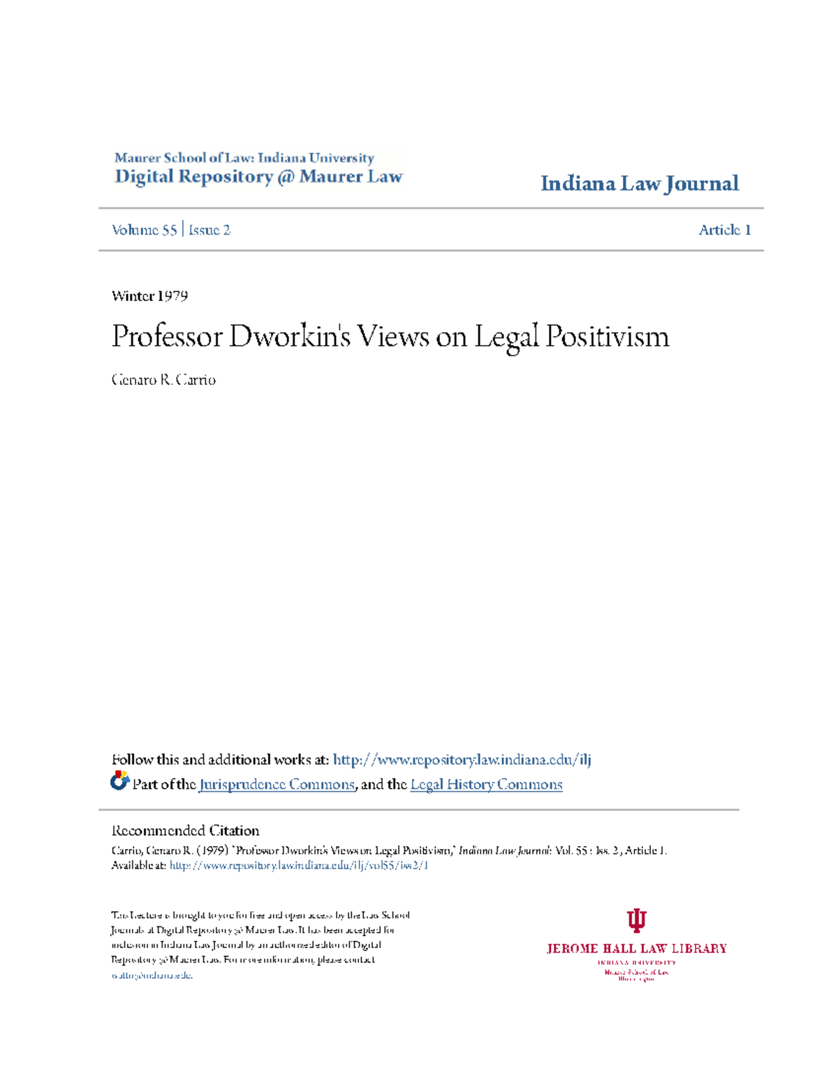 Professor Dworkins Views on Legal Positivism - Indiana Law Journal ...