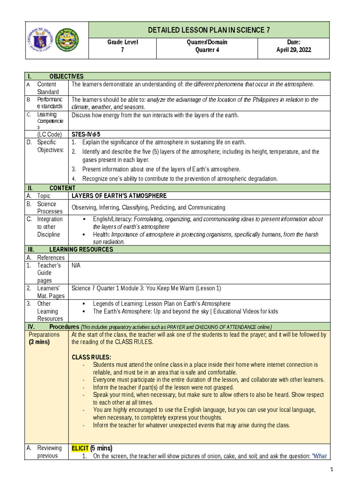 576288987 SEMI Detailed Lesson PLAN IN Science 7 Layers OF THE ...
