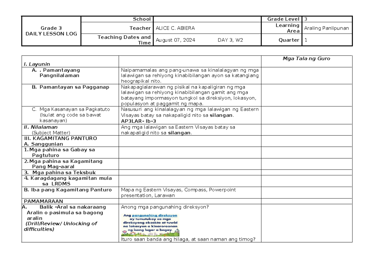 Araling Panlipunan 3 - Q1W2D3 Contextualized Lesson Plan Rehiyon 8 ...