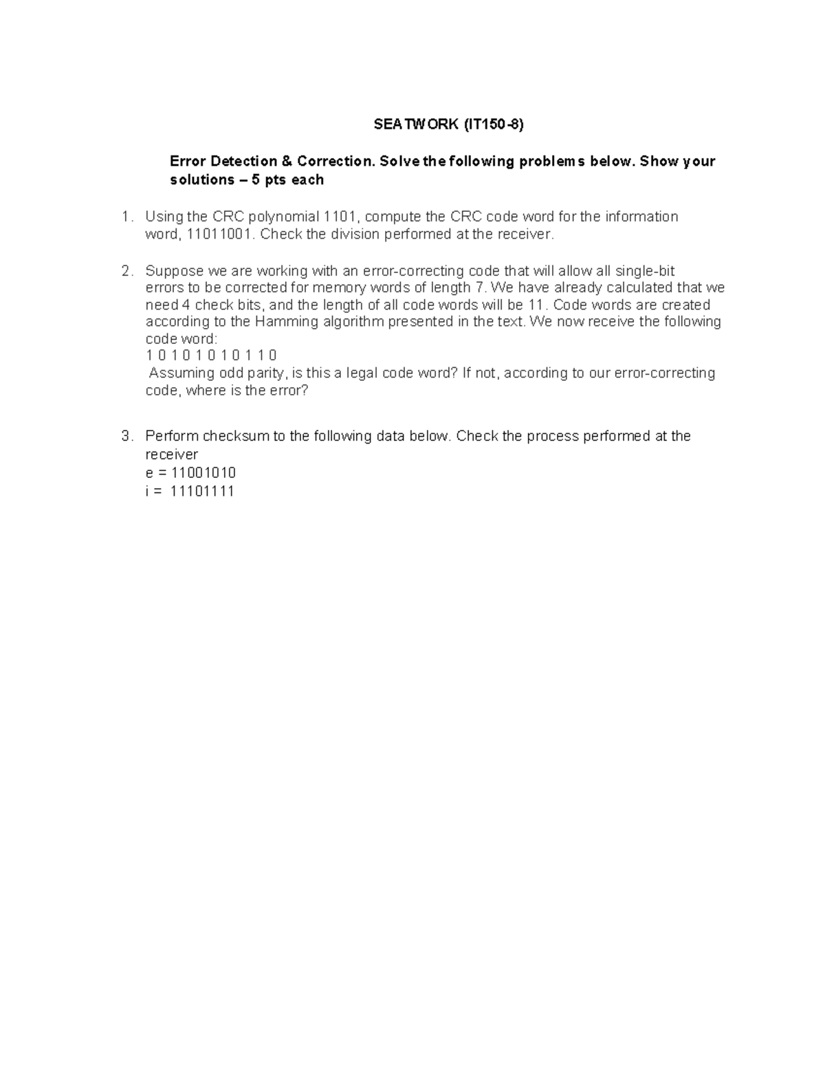 Error Detection SW - SEATWORK (IT150-8) Error Detection & Correction ...
