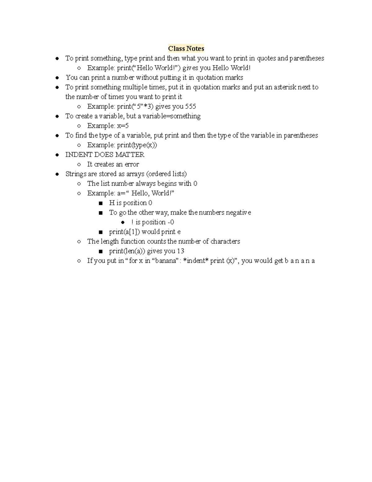 Science Programming - CW - Class Notes To print something, type print ...