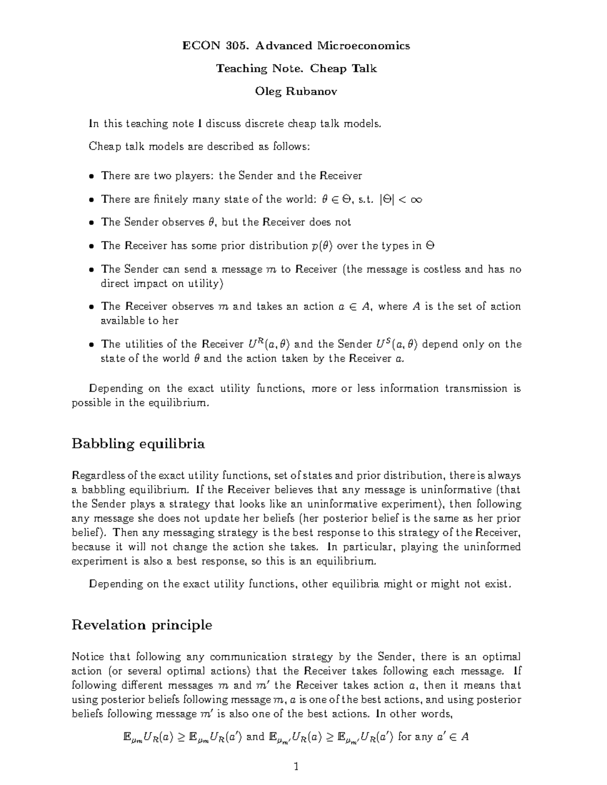 Cheap Talk - ECON 305. Advanced Microeconomics Teaching Note. Cheap ...