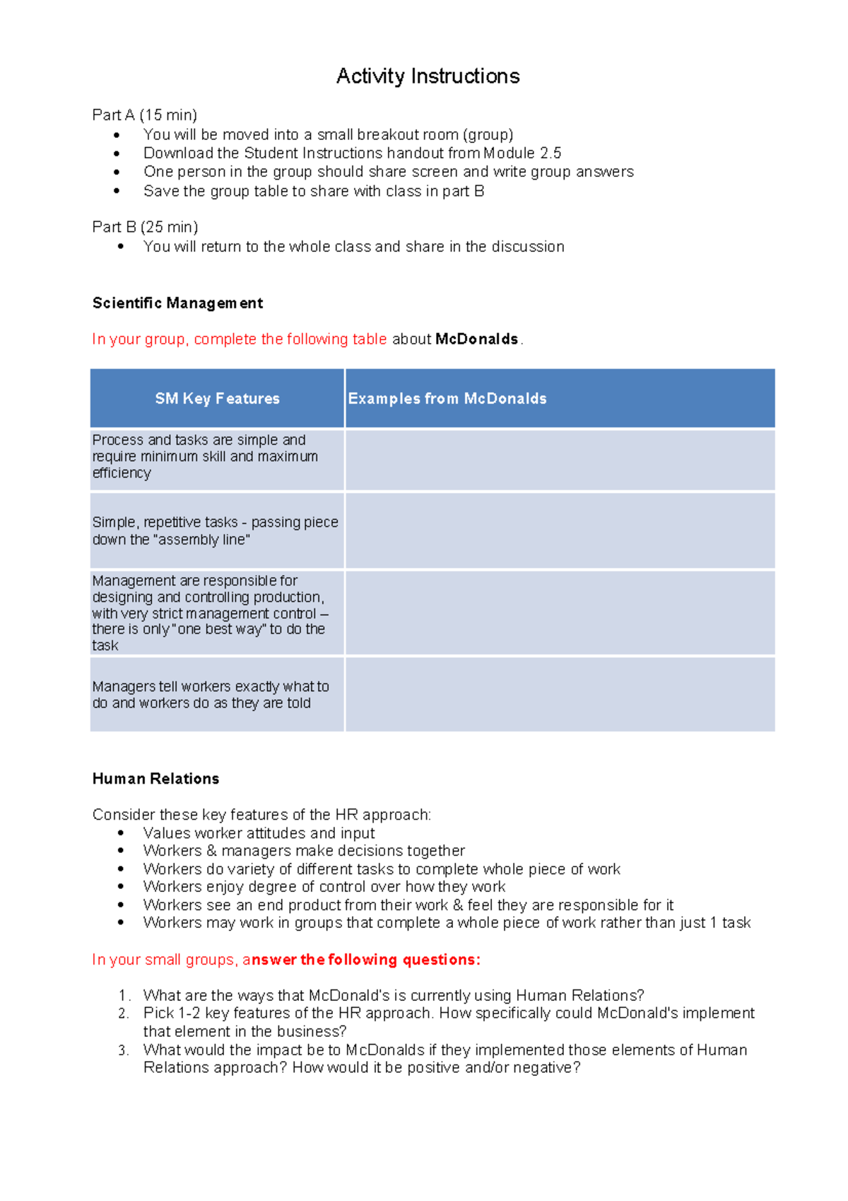 Module 2 (Mgmt Approaches) - Student Instructions handout - Activity ...