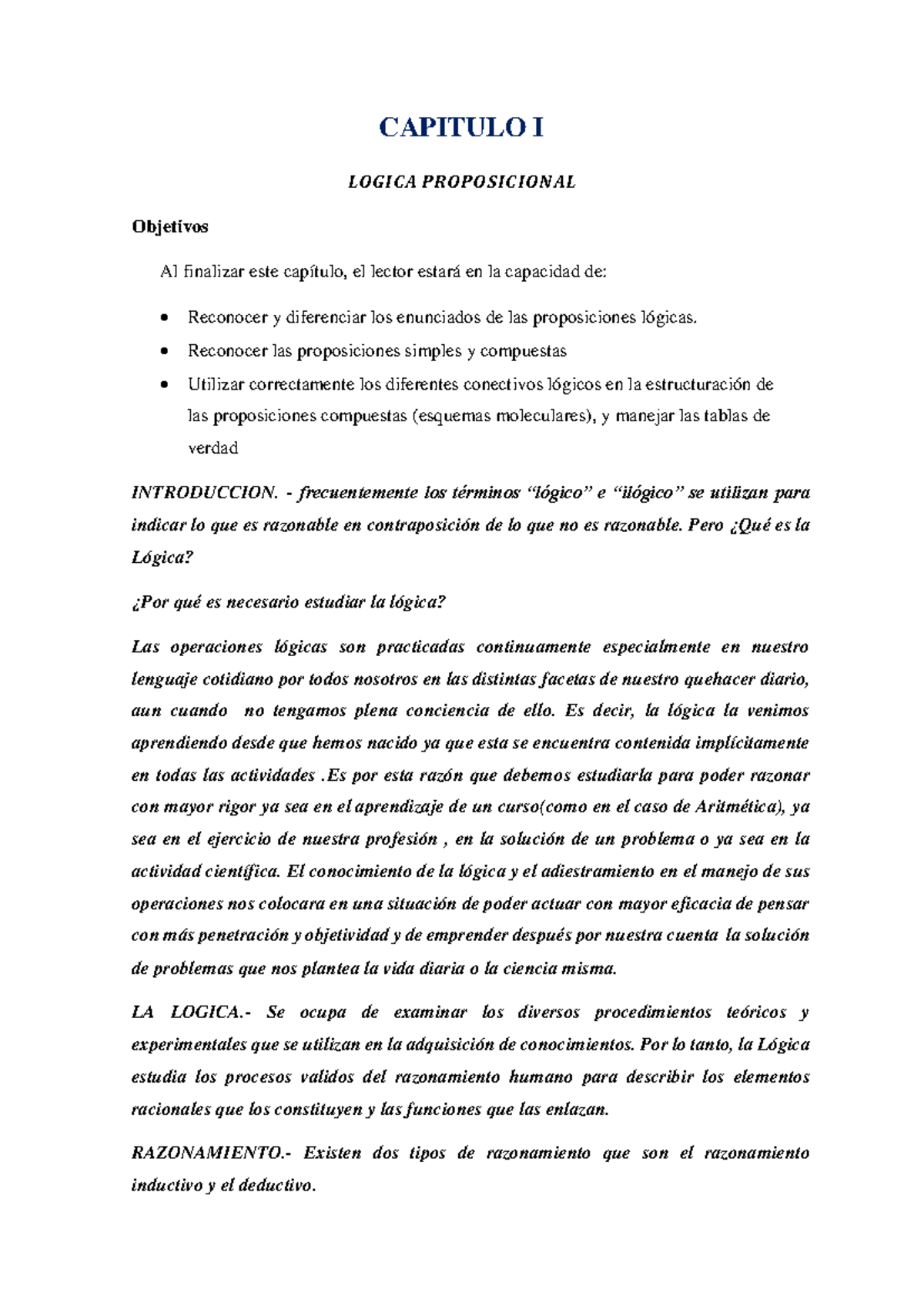 Capitulo I(logica) - jhghj - CAPITULO I 𝑳𝑶𝑮𝑰𝑪𝑨 𝑷𝑹𝑶𝑷𝑶𝑺𝑰𝑪𝑰𝑶𝑵𝑨𝑳 Objetivos ...